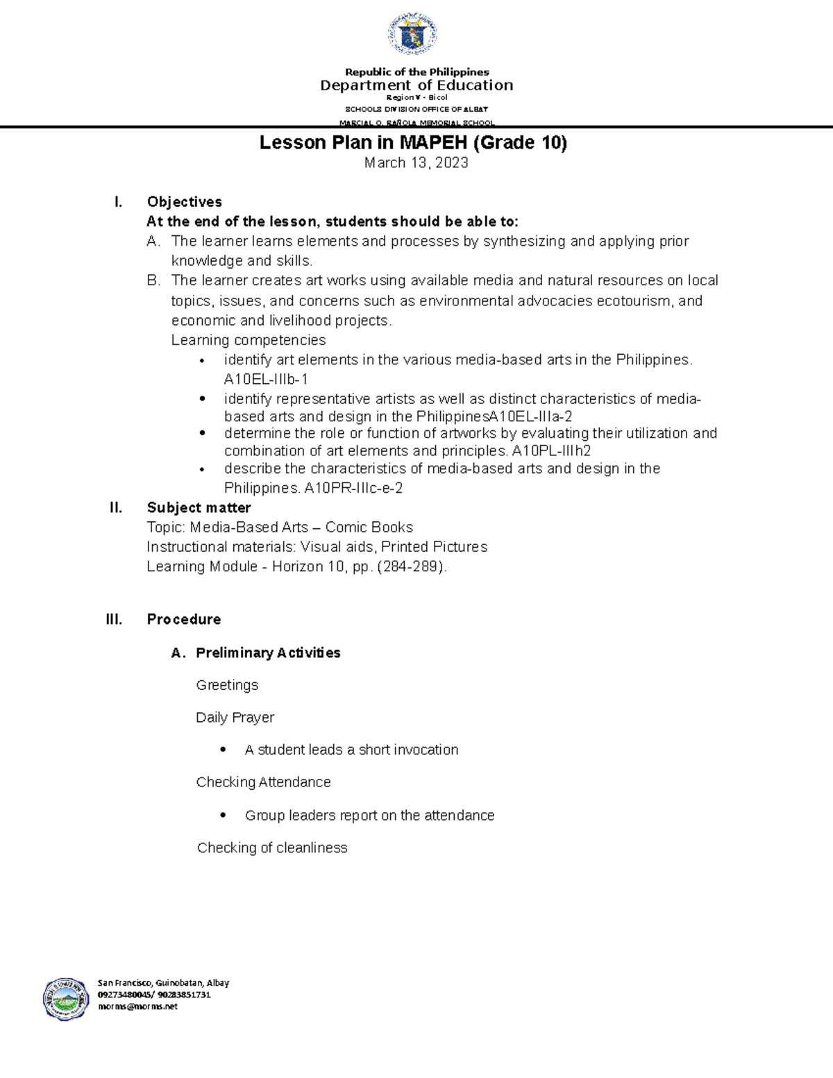 Lesson Plan in Mapeh arts Comic Books - Republic of the Philippines ...