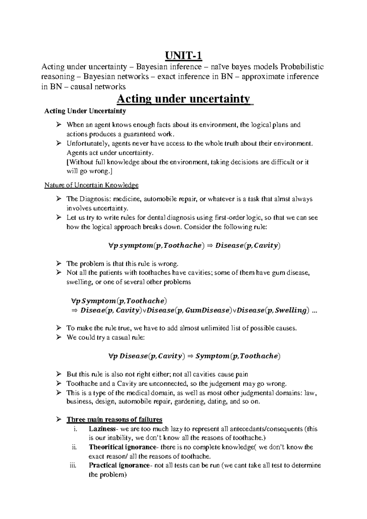 Unit-1: Acting Under Uncertainty - Bayesian Inference & Models - Studocu