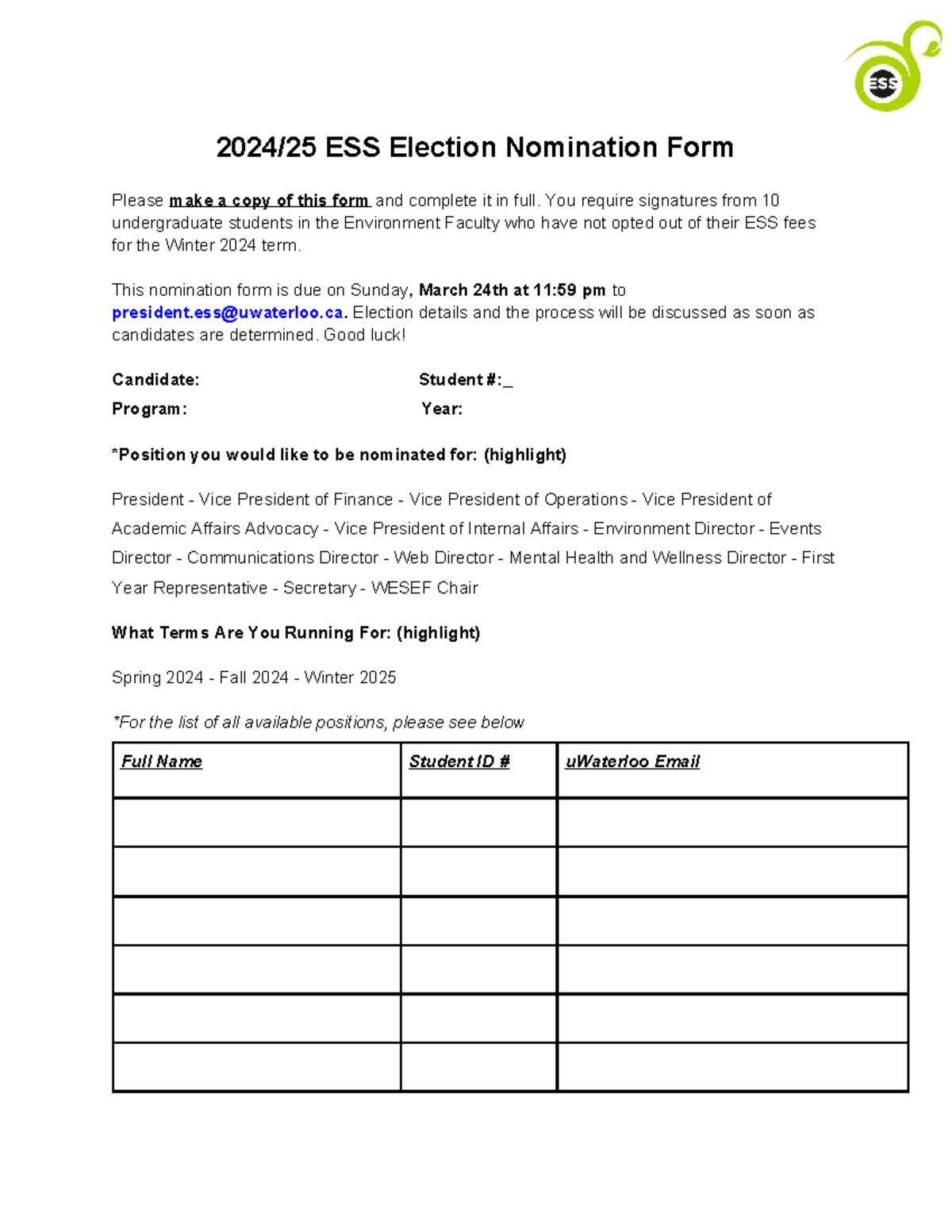ESS Election Nomination Form for Winter 2024 Candidates - Studocu