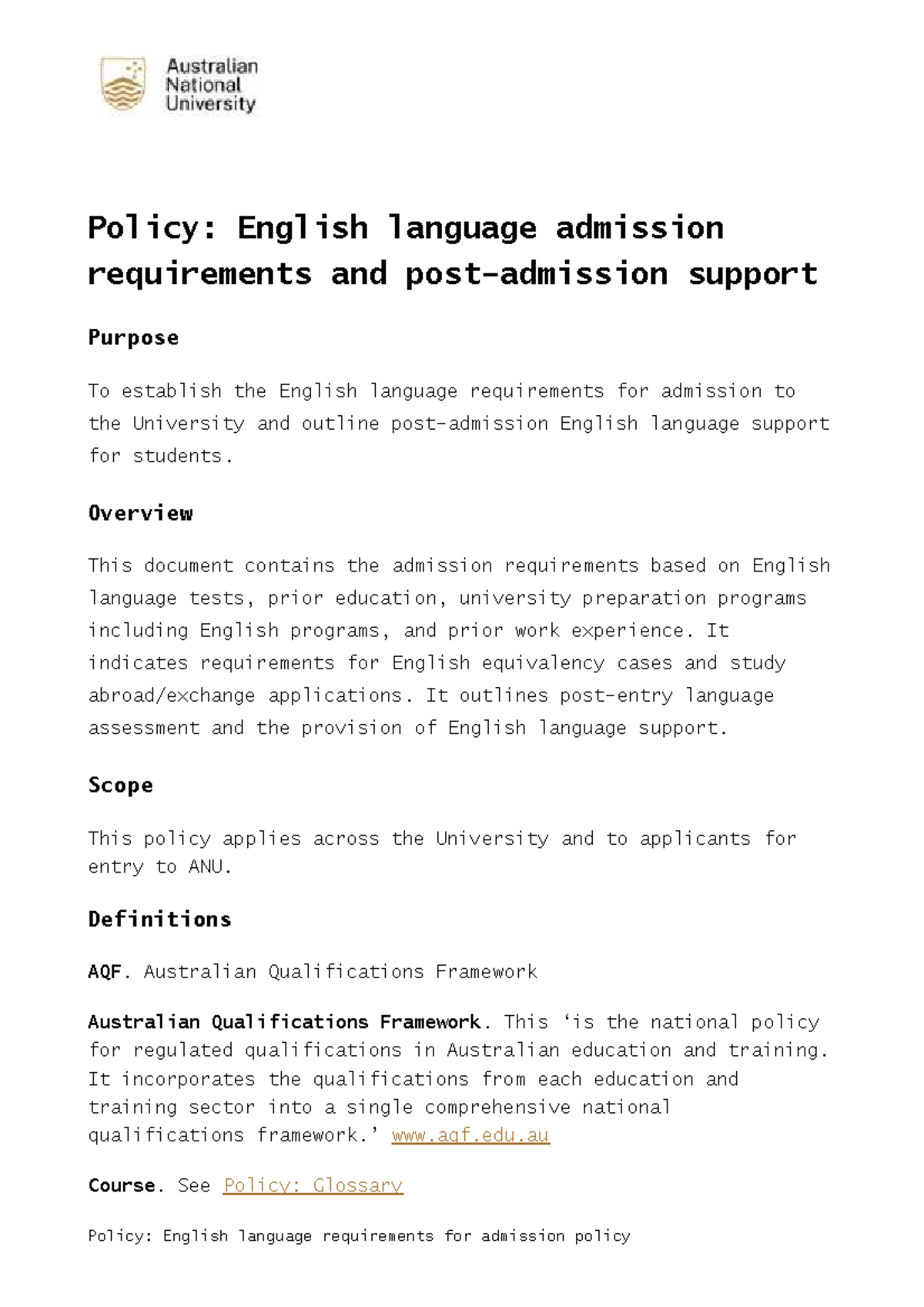 ANUP 000408 - English Language Admission Requirements Policy - Studocu