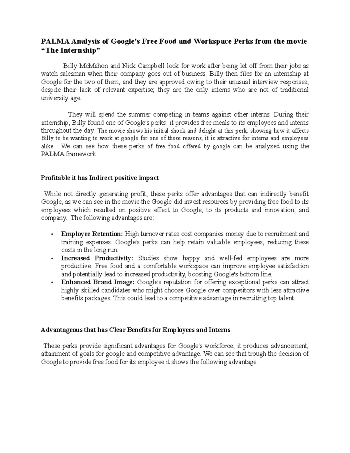 PALMA Analysis of Google's Perks: Free Food & Workspace Benefits - Studocu