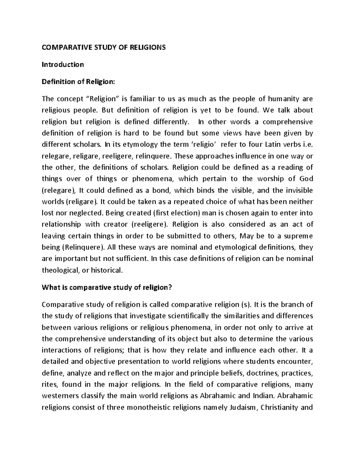 Comparative Study of Religions: An In-depth Analysis (Oct 2022) - Studocu