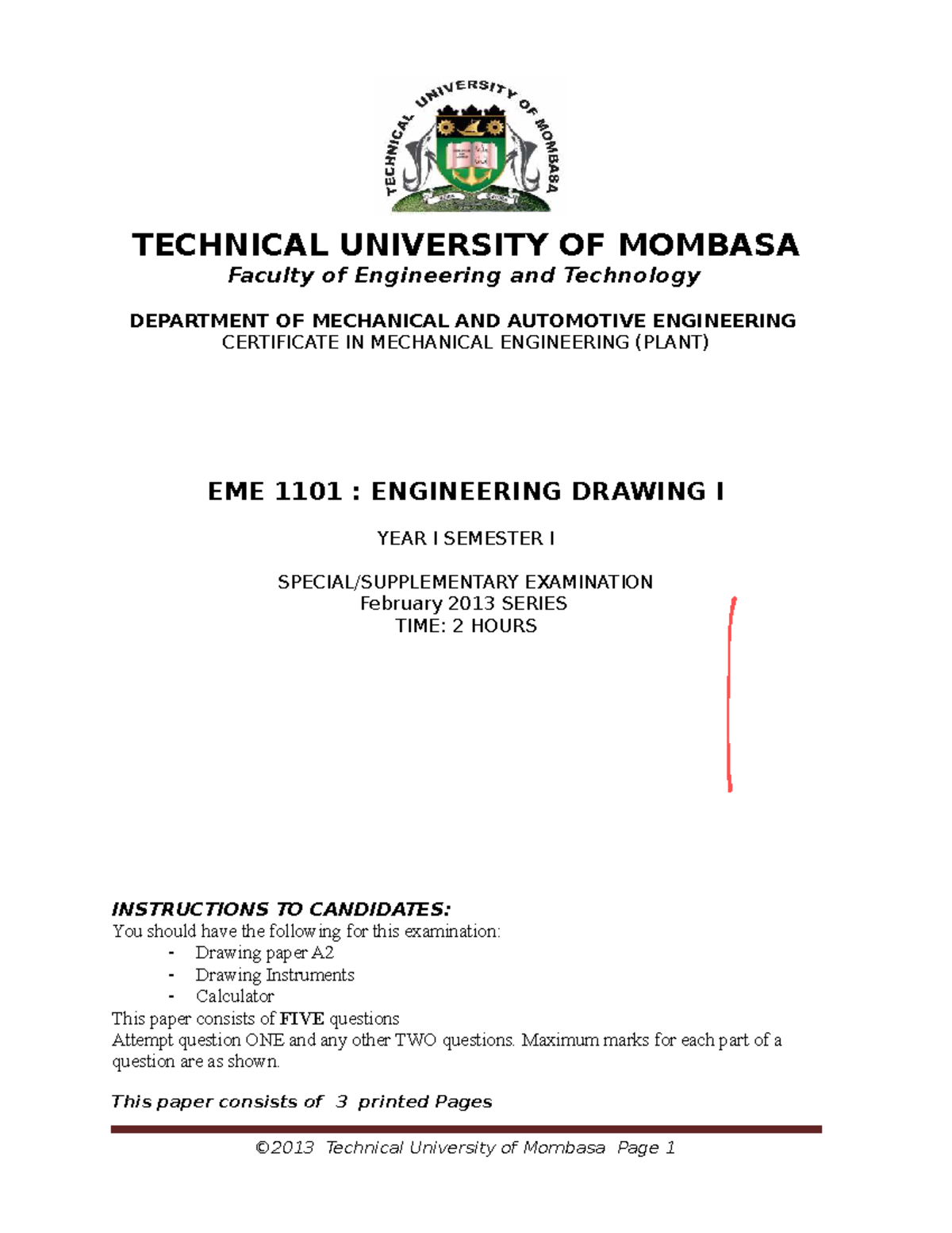 EME 1101: Engineering Drawing I - February 2013 Exam Paper - Studocu