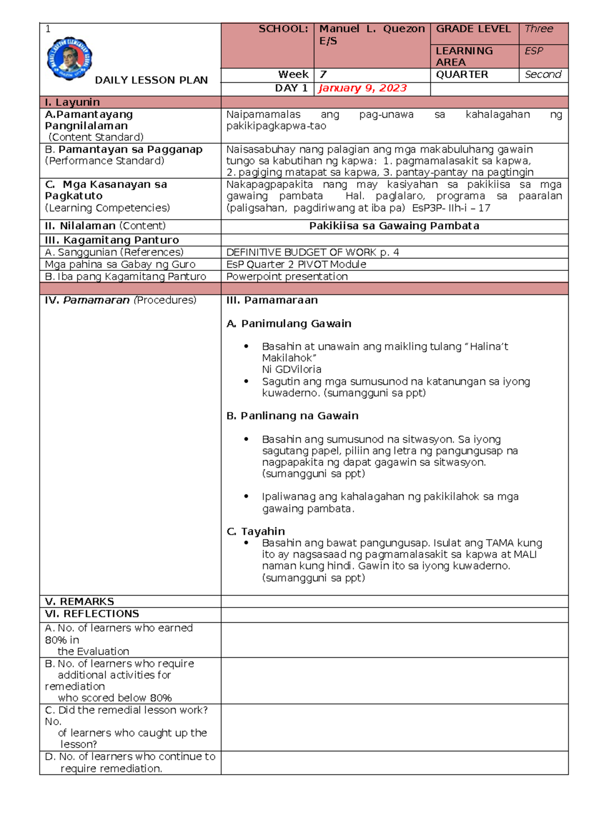 618789388 ESP DLP Q2 WEEK 1 & 2 DAILY LESSON PLANS - Studocu