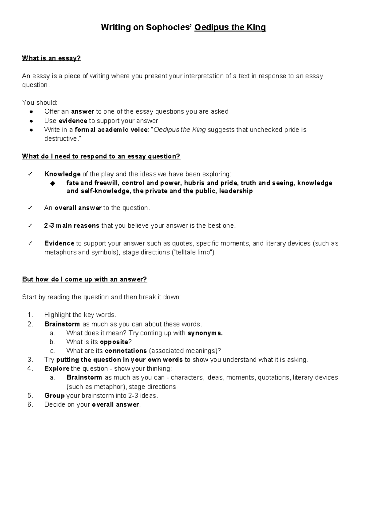 Sophocles Essay Structure: Crafting Responses to Oedipus the King - Studocu