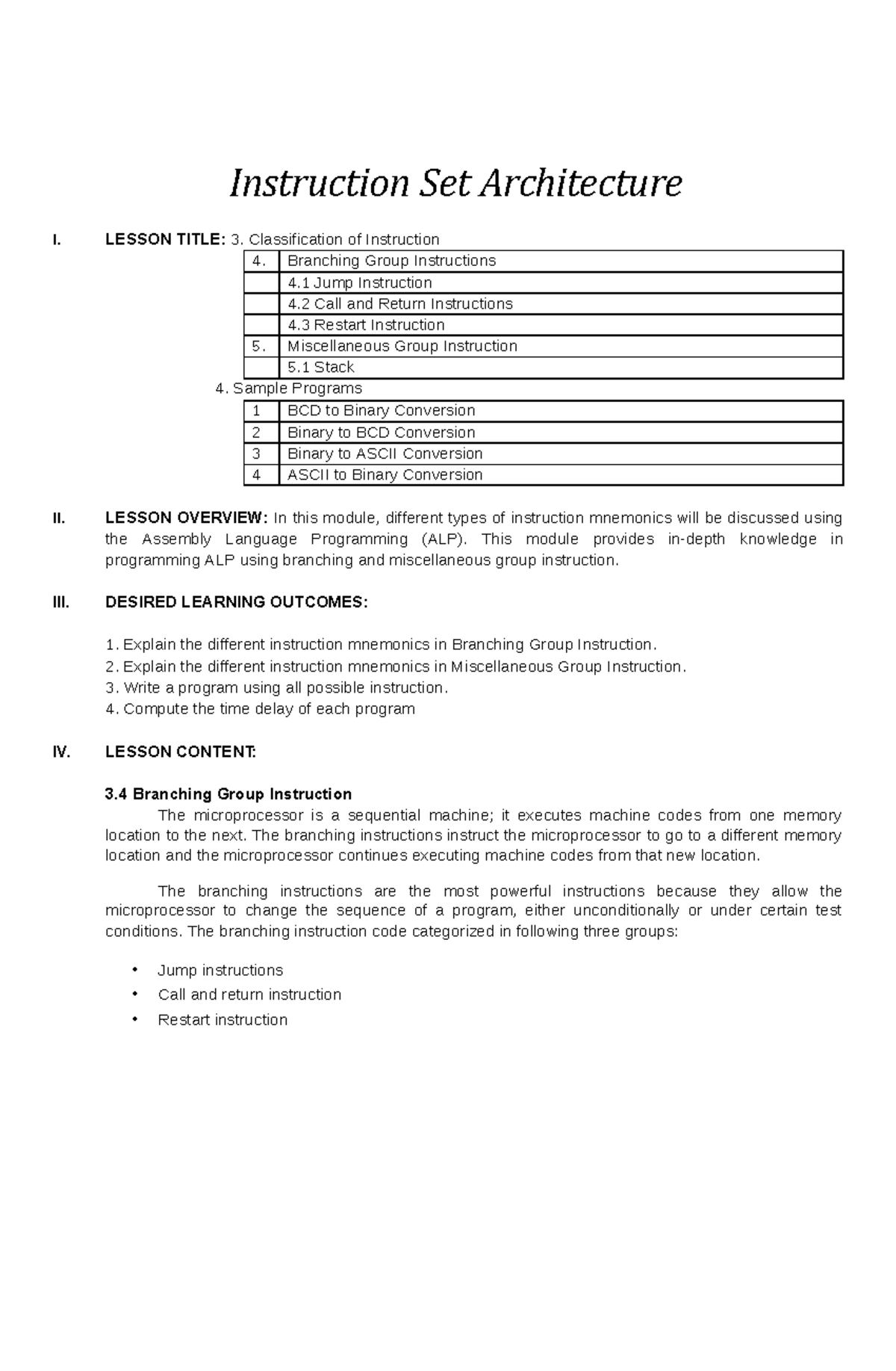 Module 4 Instruction Set Architecture Instruction Set Architecture I 8721