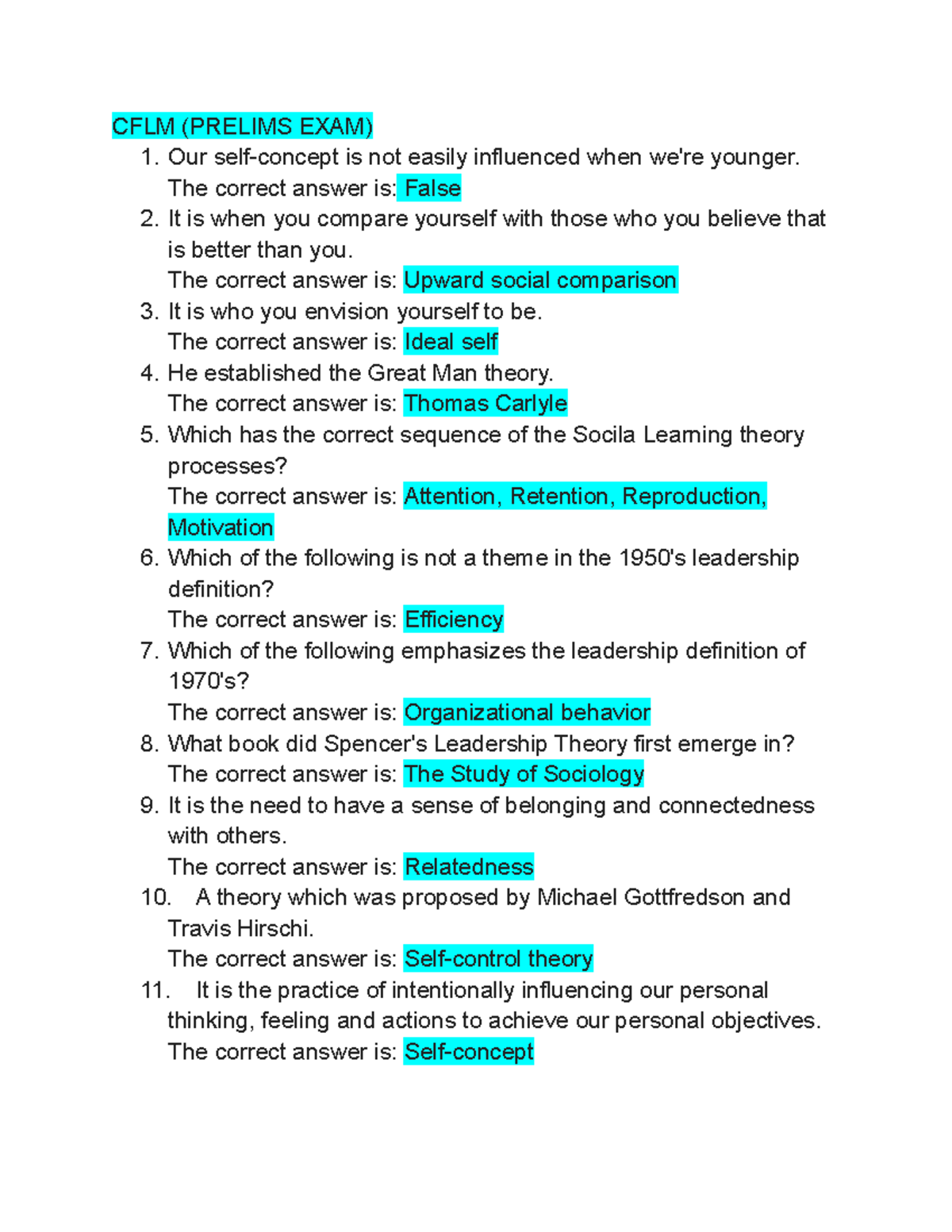 CFLM Prelims Exam Review: Self-Concept & Leadership Theories - Studocu