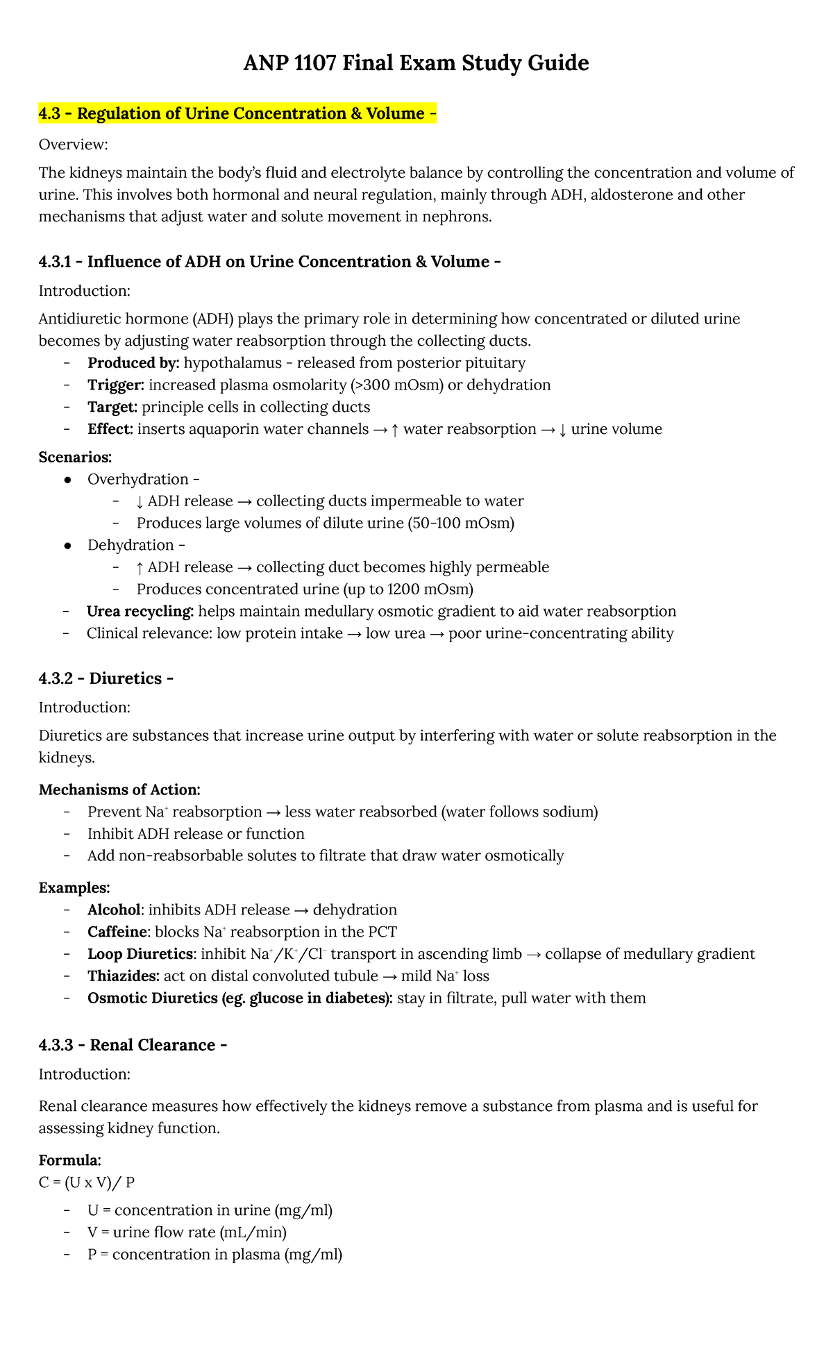 ANP 1107 Final Exam Study Guide: Urine Regulation & Reproductive System ...