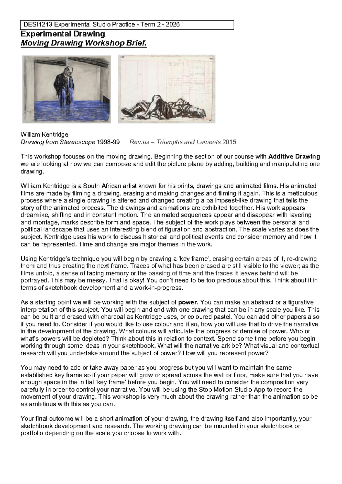 DESI1213 Moving Drawing Workshop Brief Term 2 2026 - Studocu