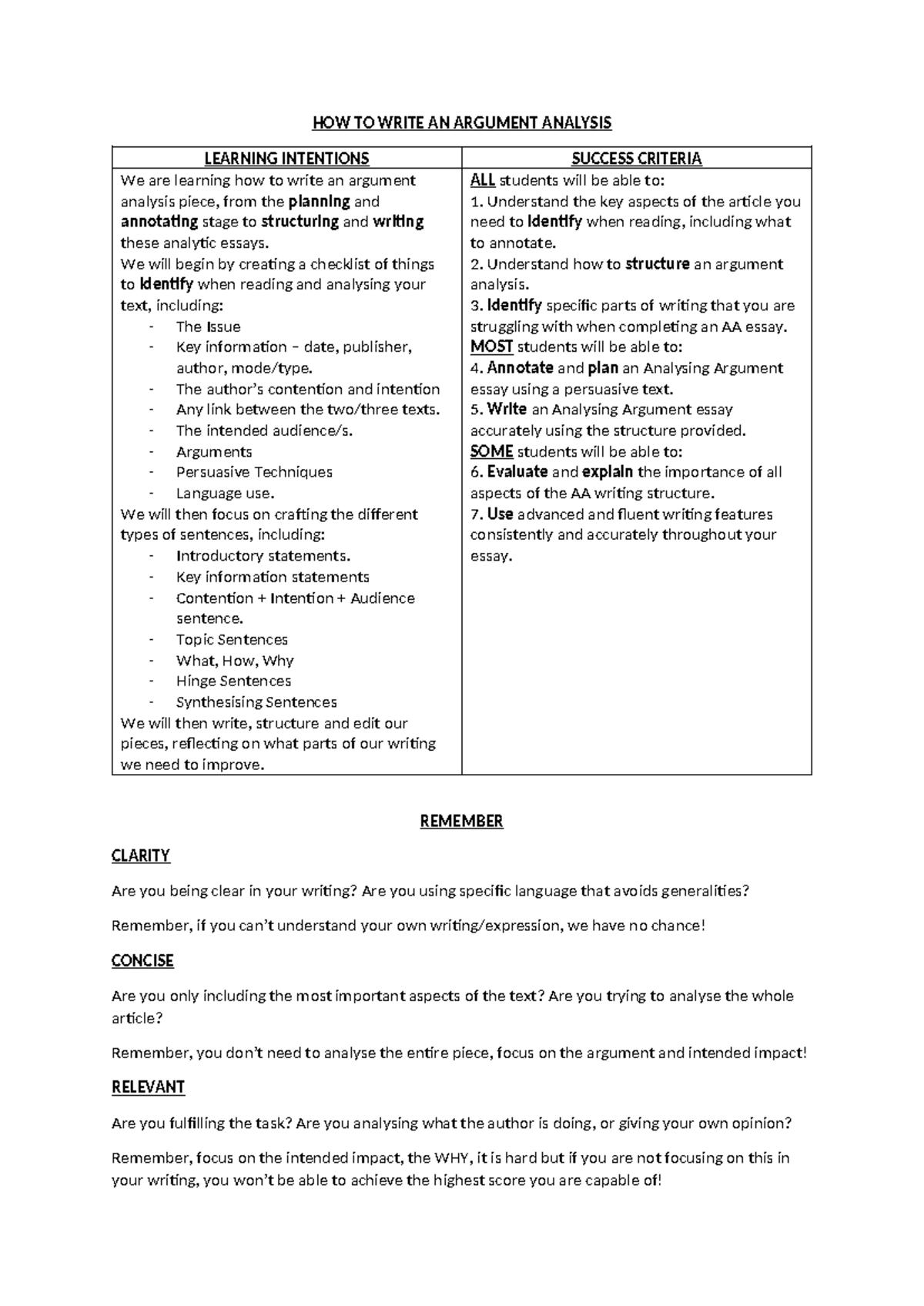 How to Write an Argument Analysis: Learning Intentions and Strategies ...