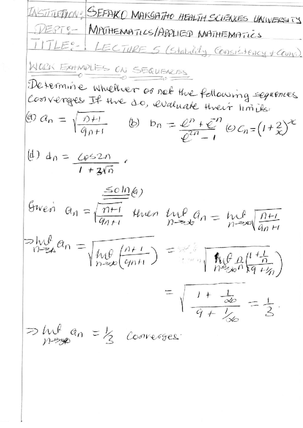 MATHEMATICS LECTURE 5: Stability, Consistency & Convergence - Studocu