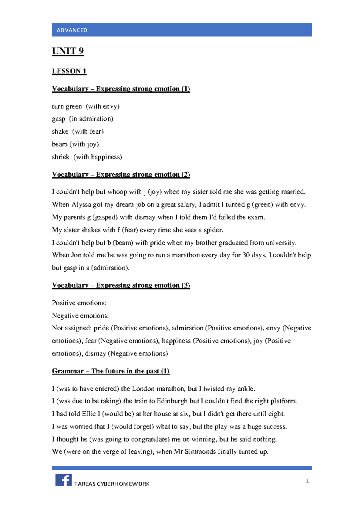 ADVANCED UNIT 9 LESSON 1 Vocabulary & Grammar on Emotions and Future ...