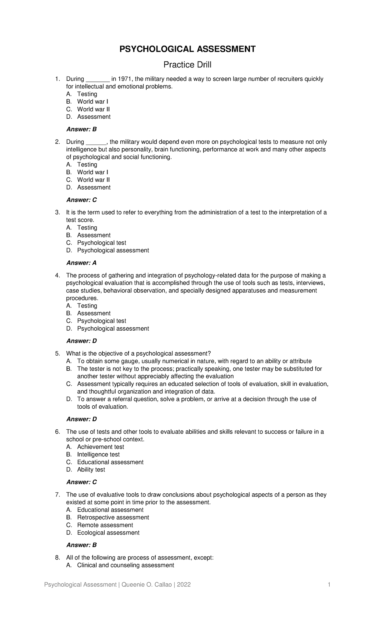 "PSY 201: Practice Test on Psychological Assessment Techniques" - Studocu