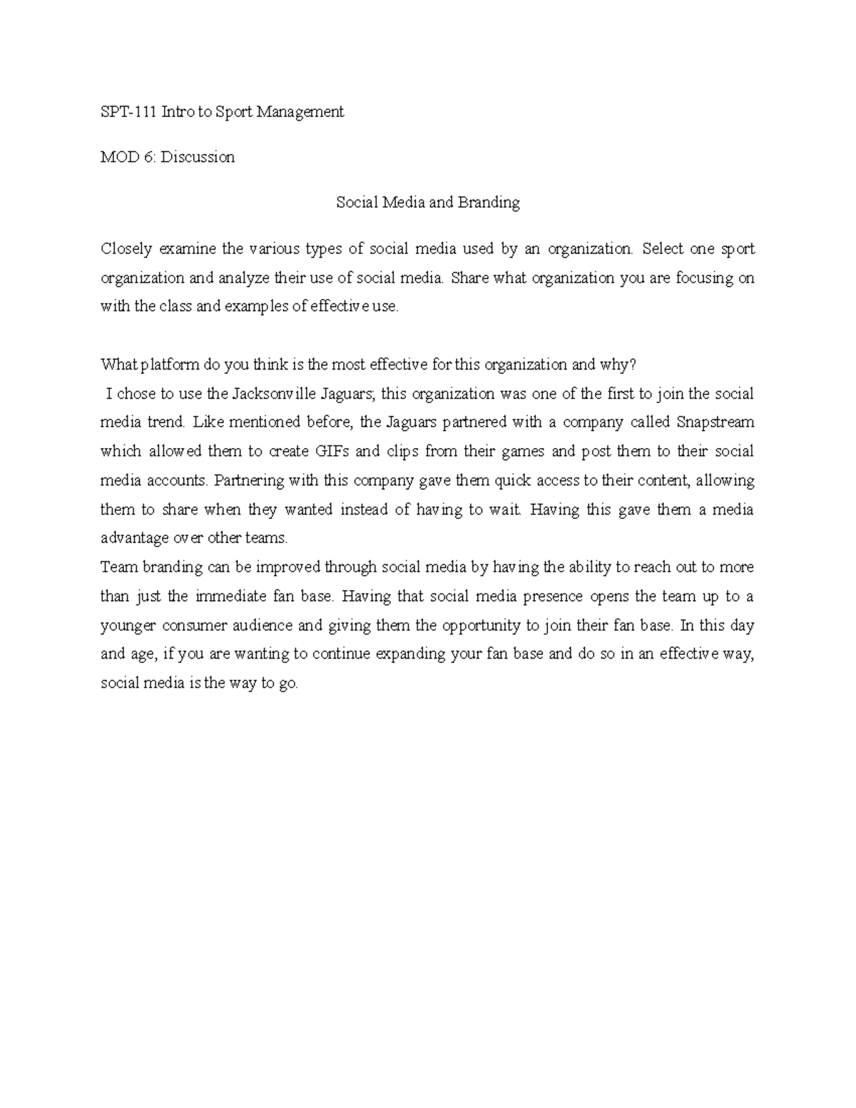 MOD 6 Discussion - SPT-111 Intro to Sport Management MOD 6: Discussion ...
