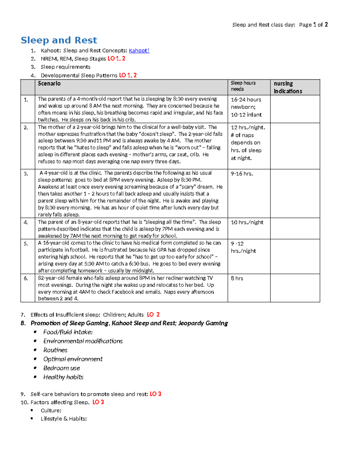 Sleep and Rest Class Day HO (Fall 2023) - Key Concepts & Patterns - Studocu