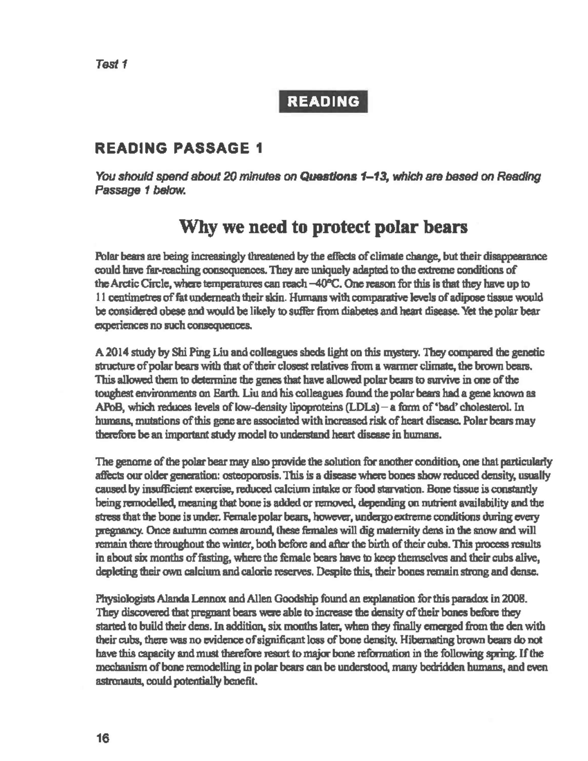 Cam16 Test 1 Reading Passage 1: The Importance of Polar Bears - Studocu
