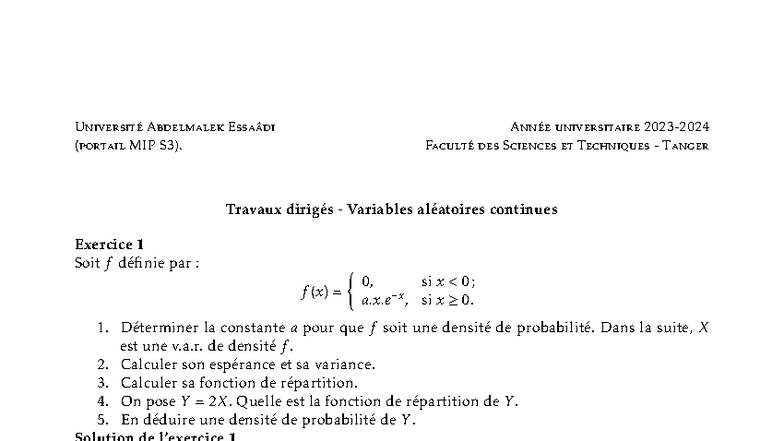 Correction TD Variables Aléatoires Continues - MIP S3 - Studocu