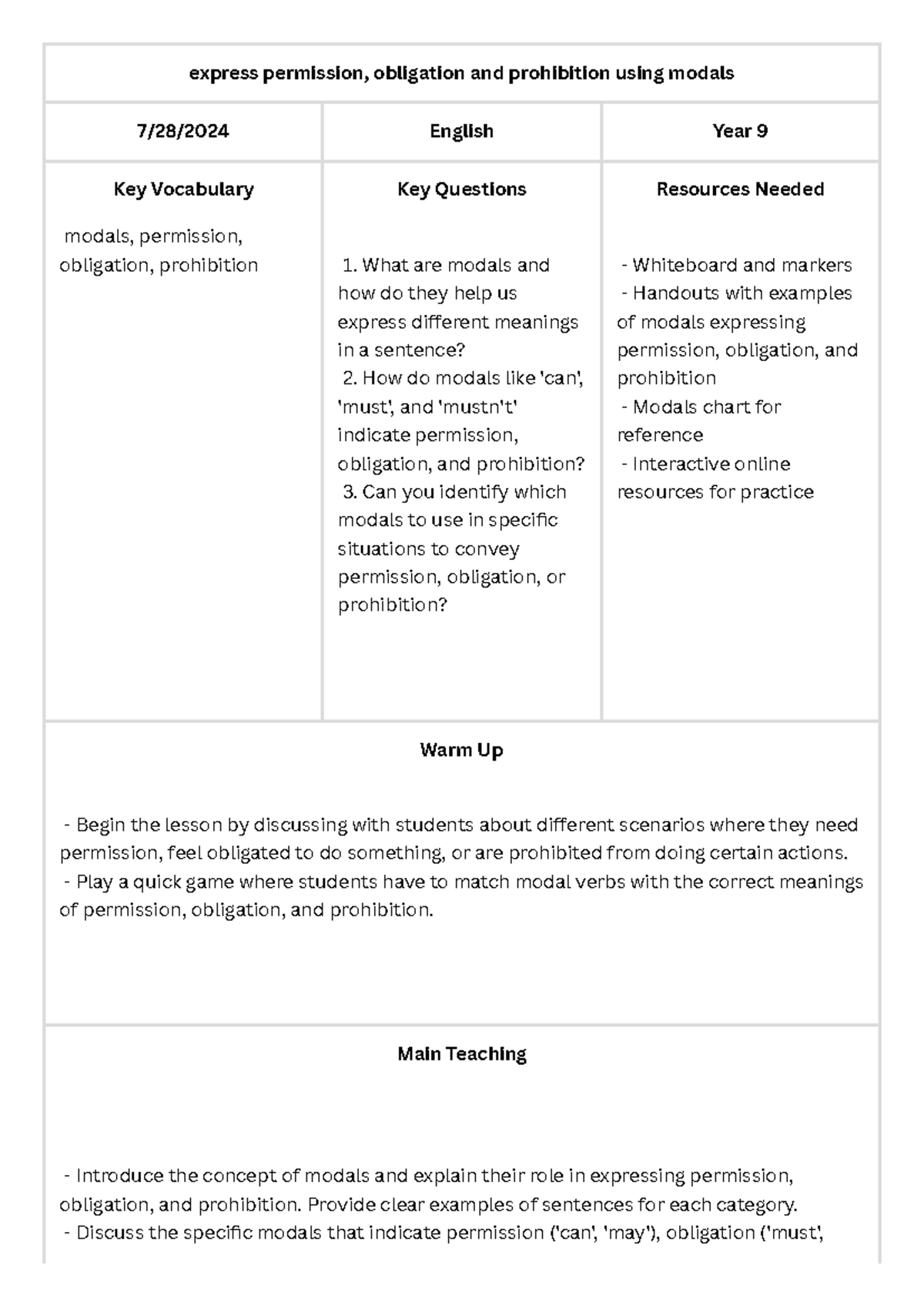English 9 Lesson Plan: Exploring Modals of Permission & Obligation ...