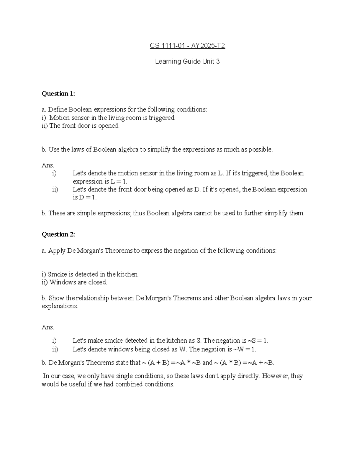 CS 1111-01 - AY2025-T2 Learning Guide for Activity Unit 3 - Studocu