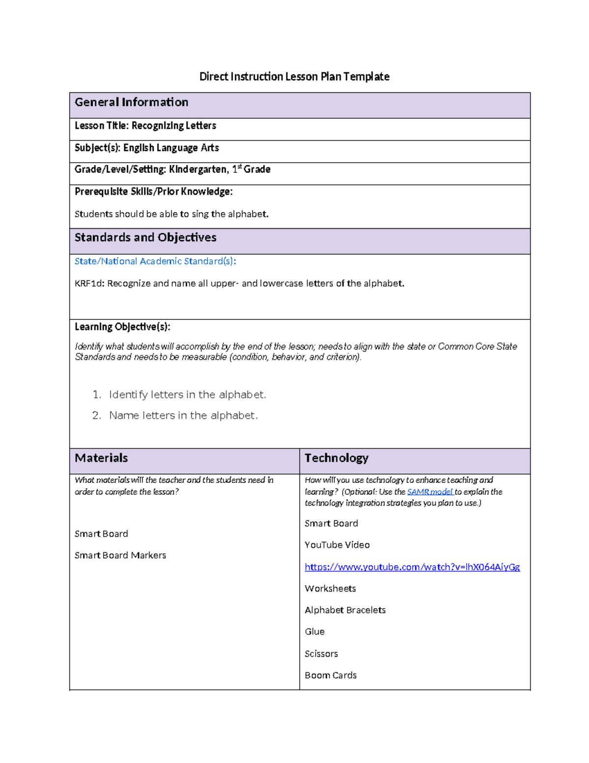 Final Exam Lesson Plan: Recognizing Letters for K/1 ELA - Studocu