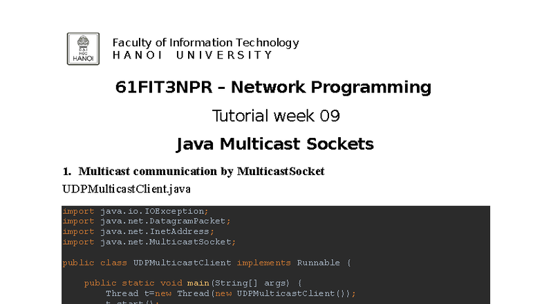 61FIT3NPR Week 09 Tutorial: Java Multicast Sockets - Studocu
