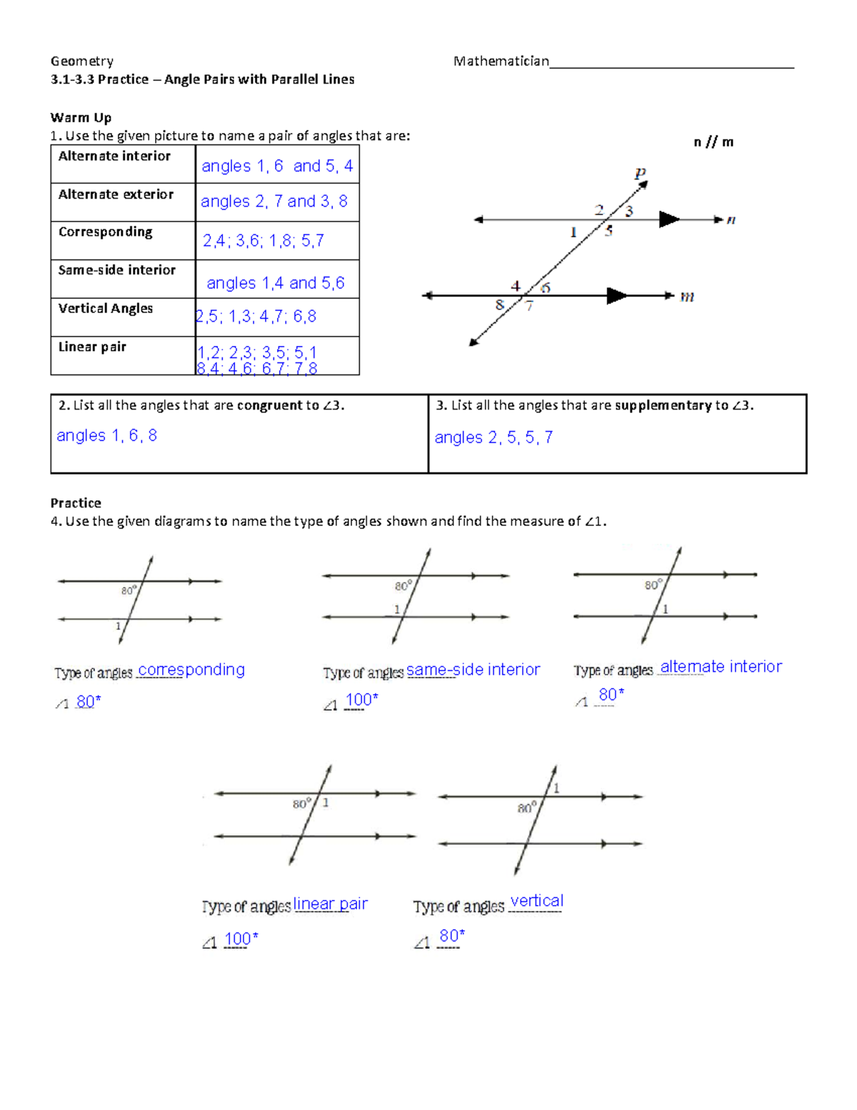Geometry Practice: Angle Pairs with Parallel Lines (3 - mmkn) - Studocu