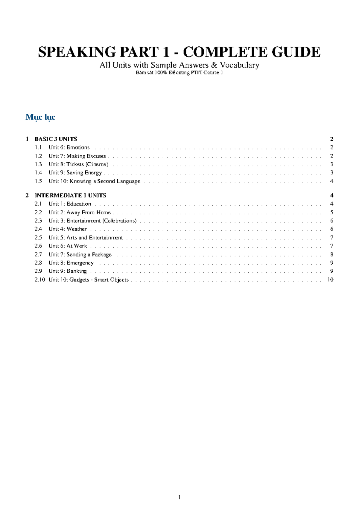 SPEAKING PART 1 GUIDE: All Units with Sample Answers for PTIT Course 1 ...