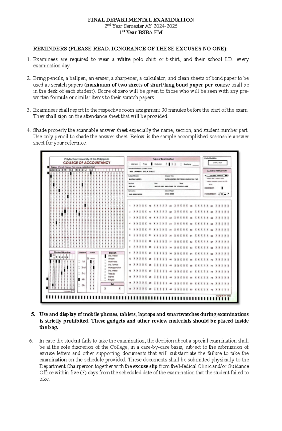 FINAL DEPARTMENTAL EXAM REMINDERS & SEAT PLAN AY 1st Year BSBA FM - Studocu