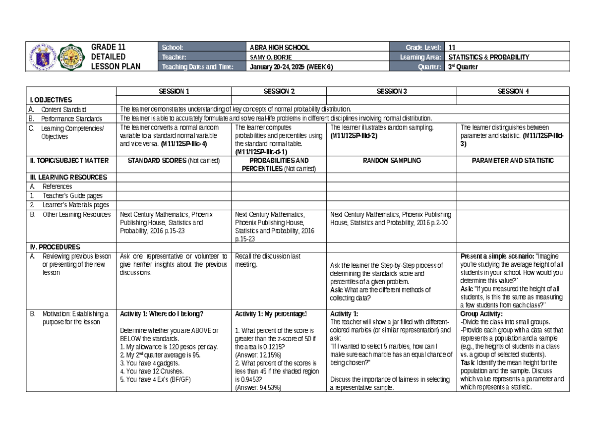 Statistics & Probability Lesson Plan for Grade 11 (W6) - Abra HS - Studocu