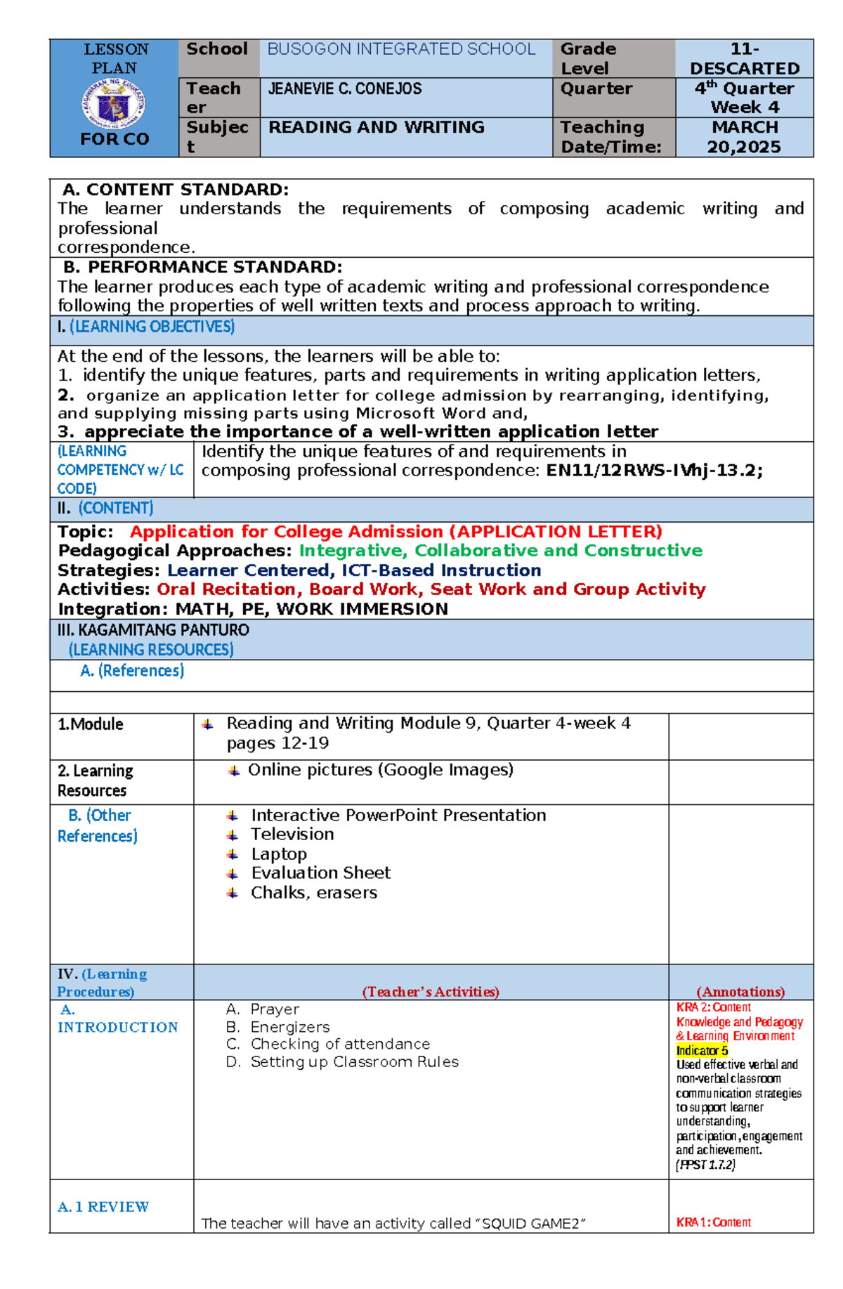 DLP: Application Letter Writing for College Admission (11DESCARTED ...