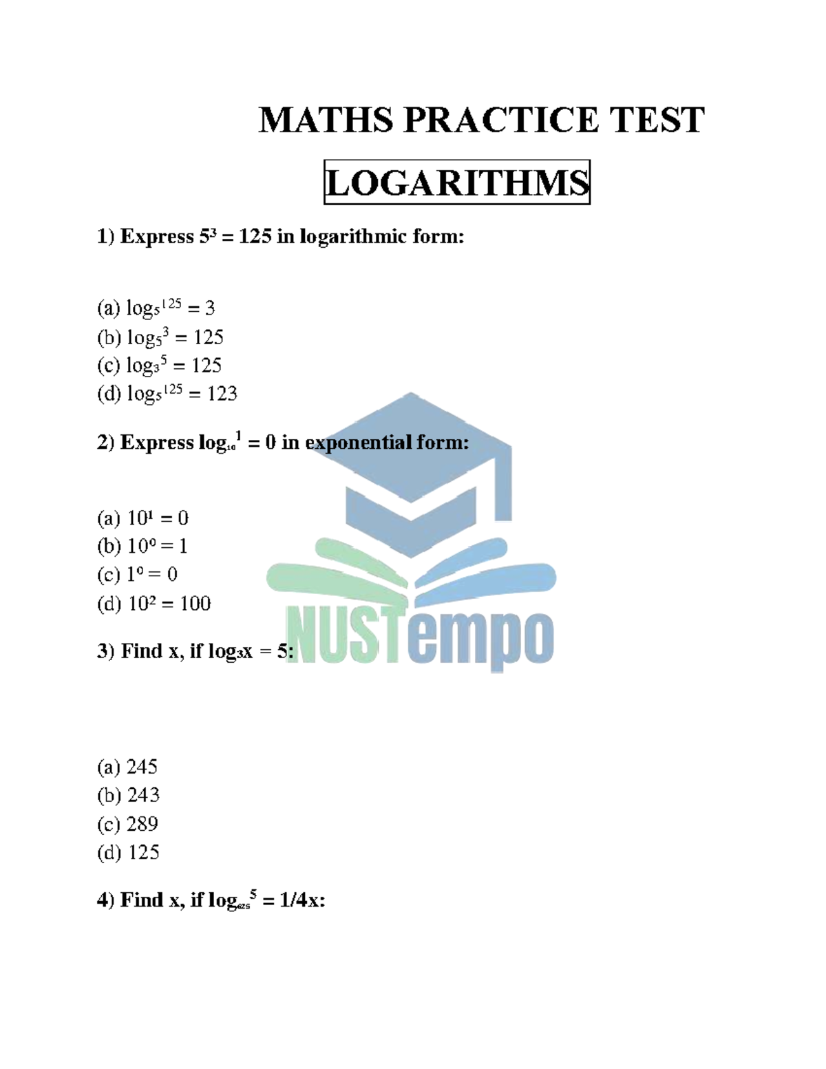 MATHS 101: Logarithms Practice Test with Answers - Studocu