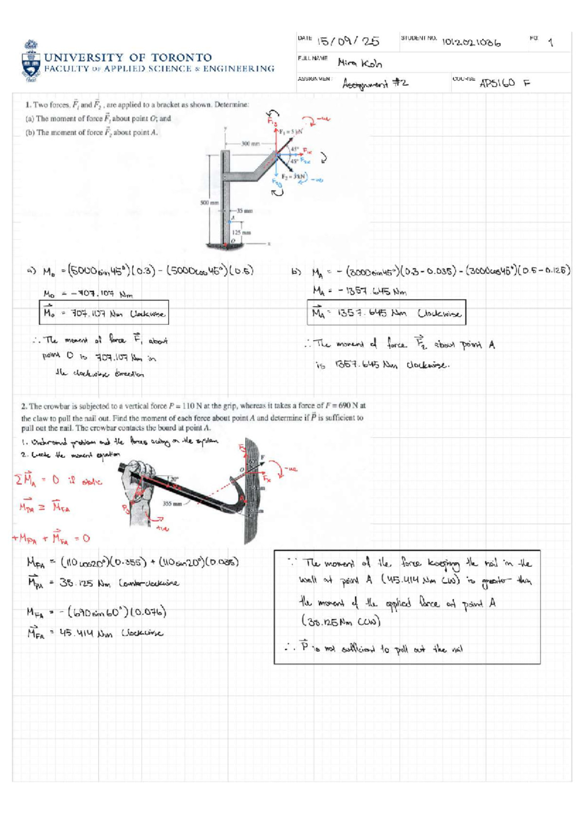 Assignment 2: Moments and Forces Analysis - CIV100 - Studocu