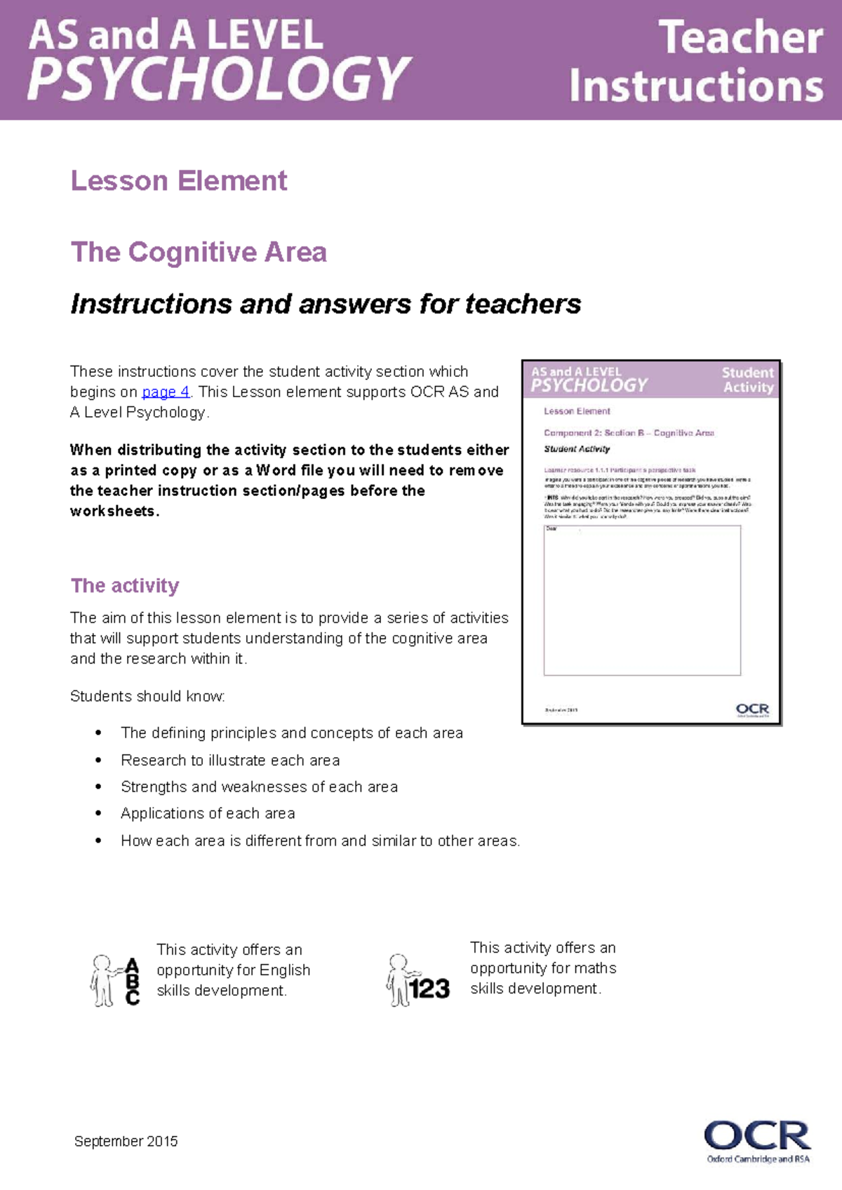 Cognitive Area Lesson Element: Activities & Teacher Instructions ...