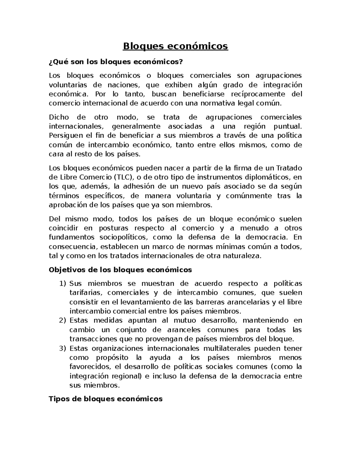 Resumen sobre Bloques Económicos: Tipos, Ventajas y Desventajas - Studocu