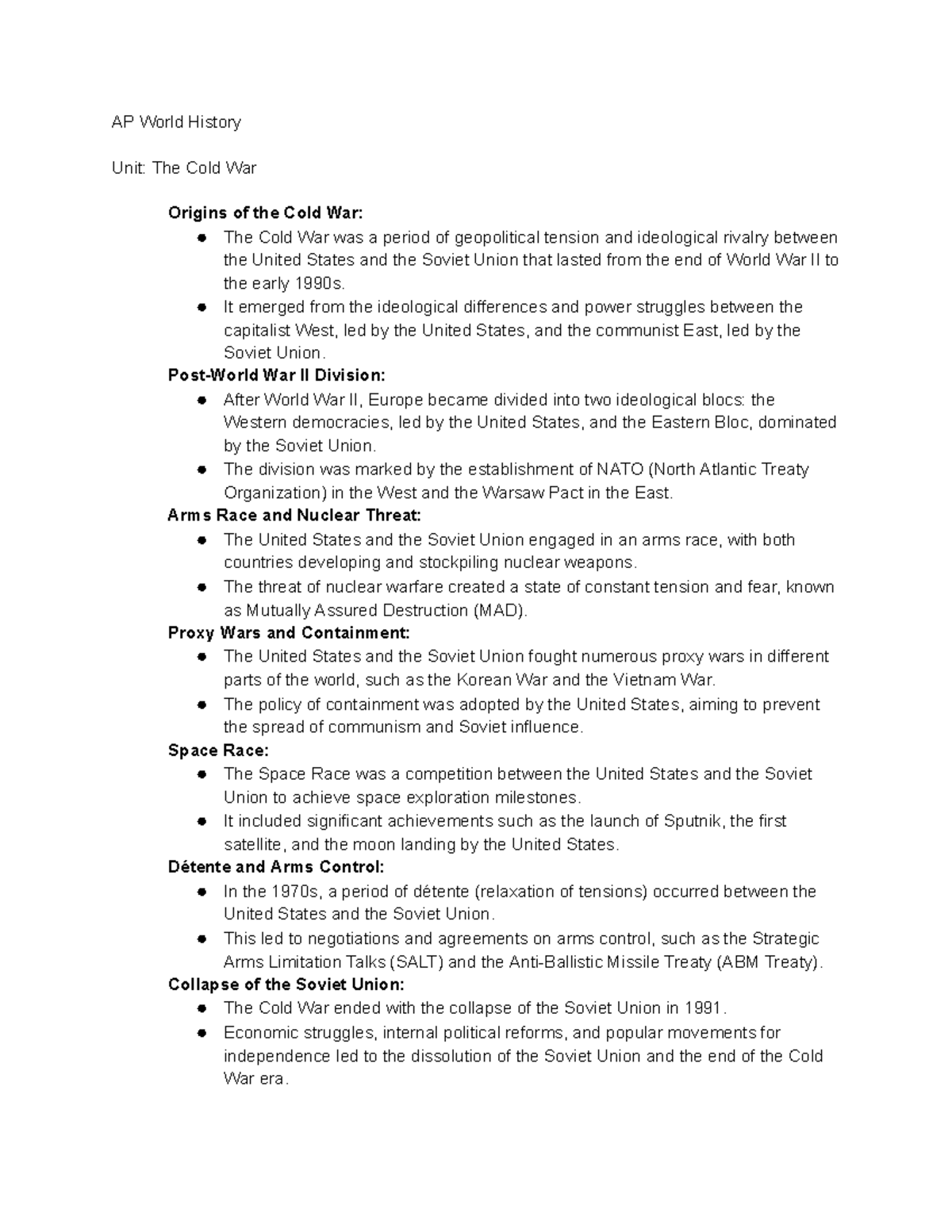 AP World History - Cold War Overview and Global Impact - Studocu