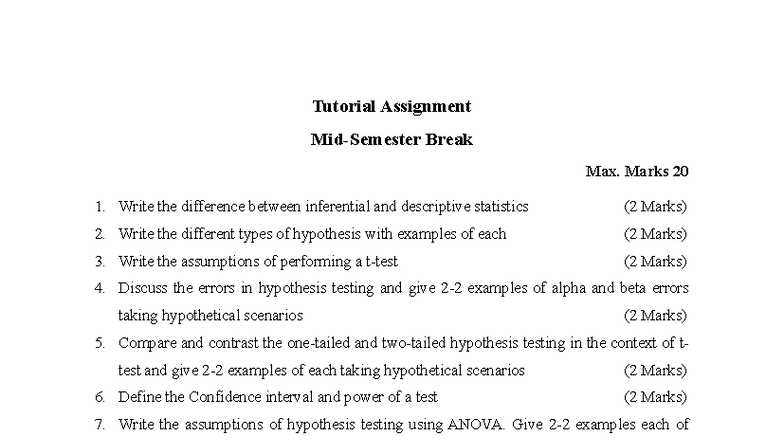 Hypothesis Testing Assignment (Max Marks 20) - Studocu