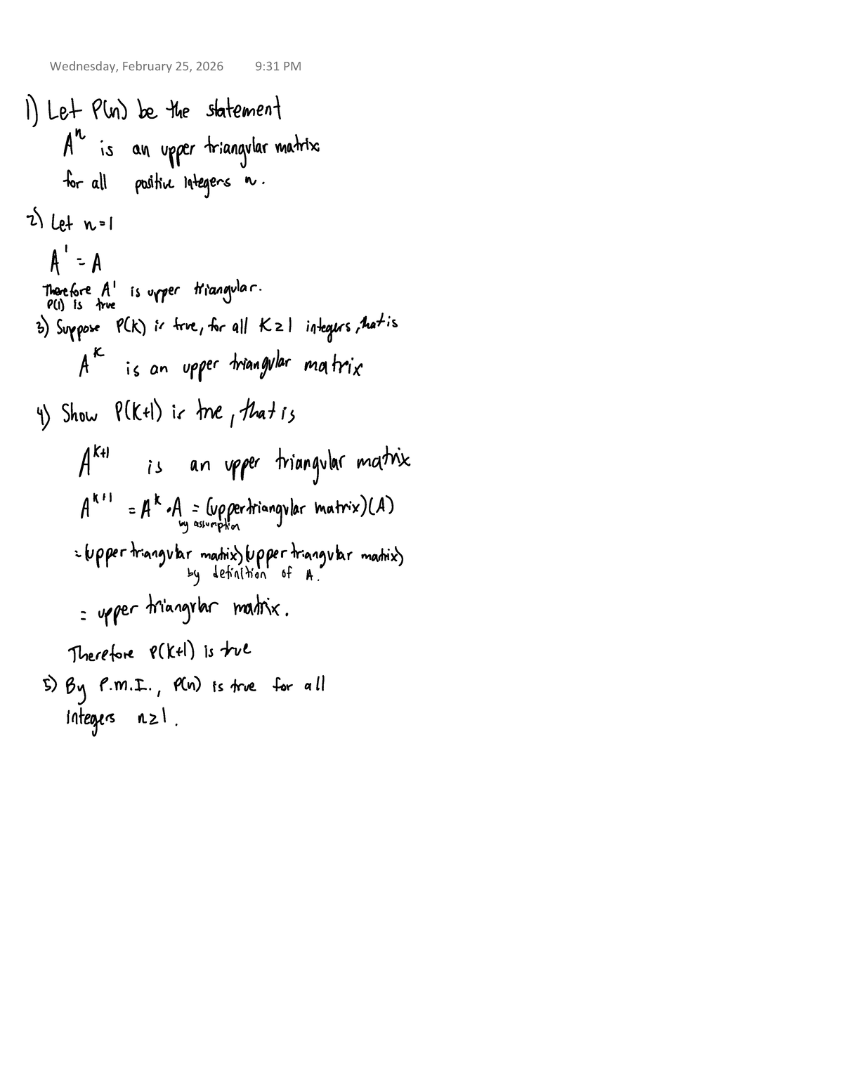 Induction Proof: Upper Triangular Matrix for P(n) - Studocu