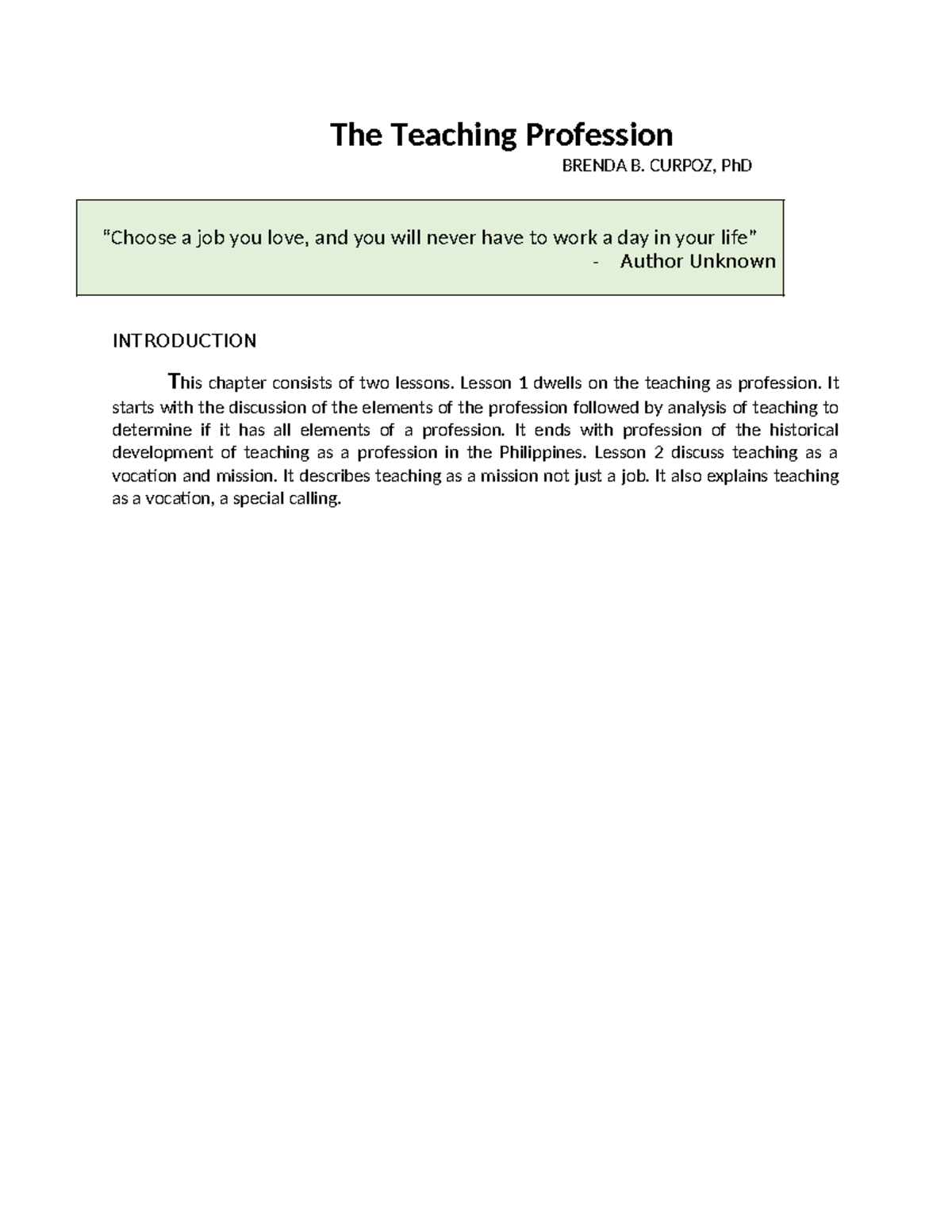 The Teaching Profession - The Teaching Profession BRENDA B. CURPOZ, PhD ...