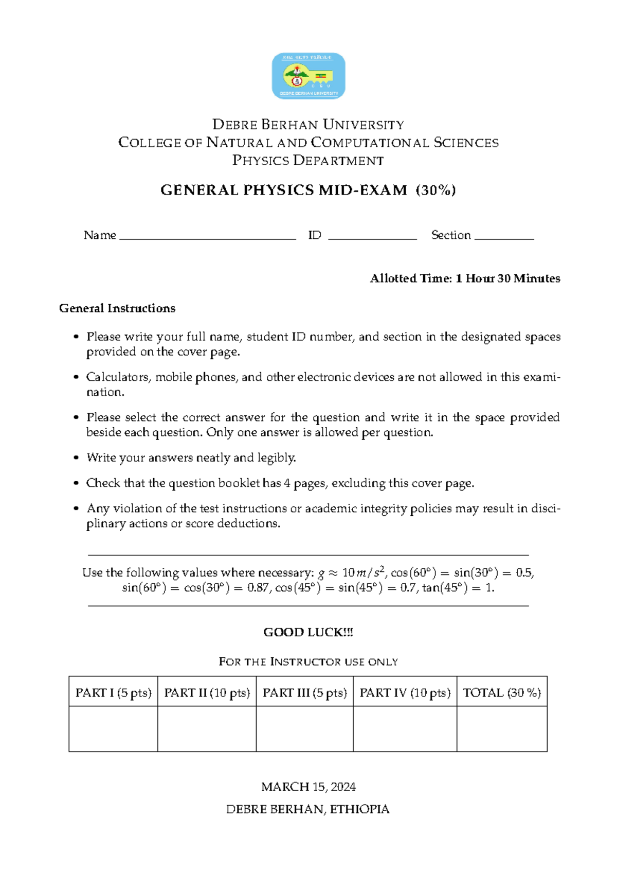 General Physics Mid Exam 2024 - Questions Overview and Instructions ...