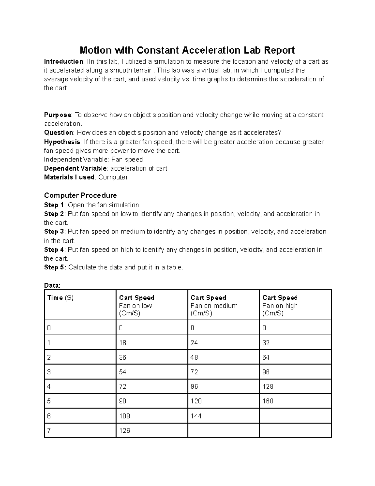Lab Motion with Constant Acceleration - Motion with Constant Acceleration Lab Report ...