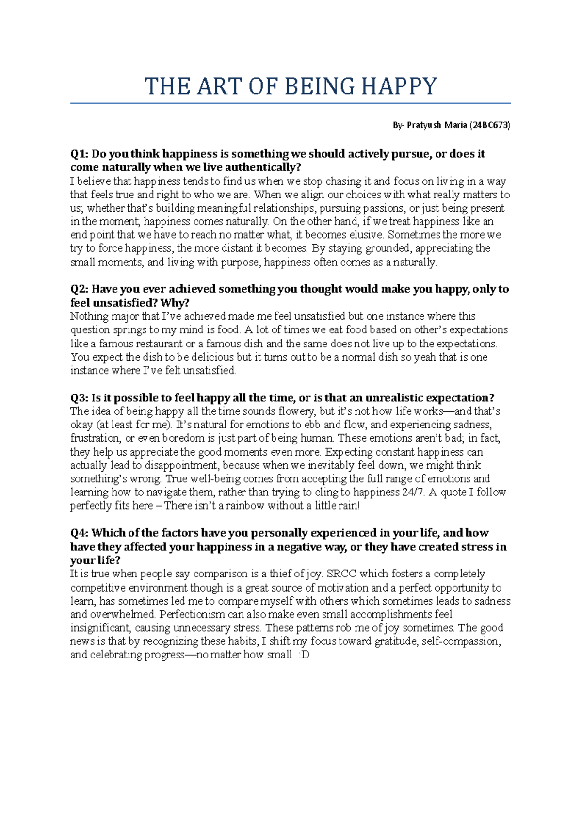 THE ART OF BEING HAPPY (24BC673) - Insights on Pursuing Joy - Studocu