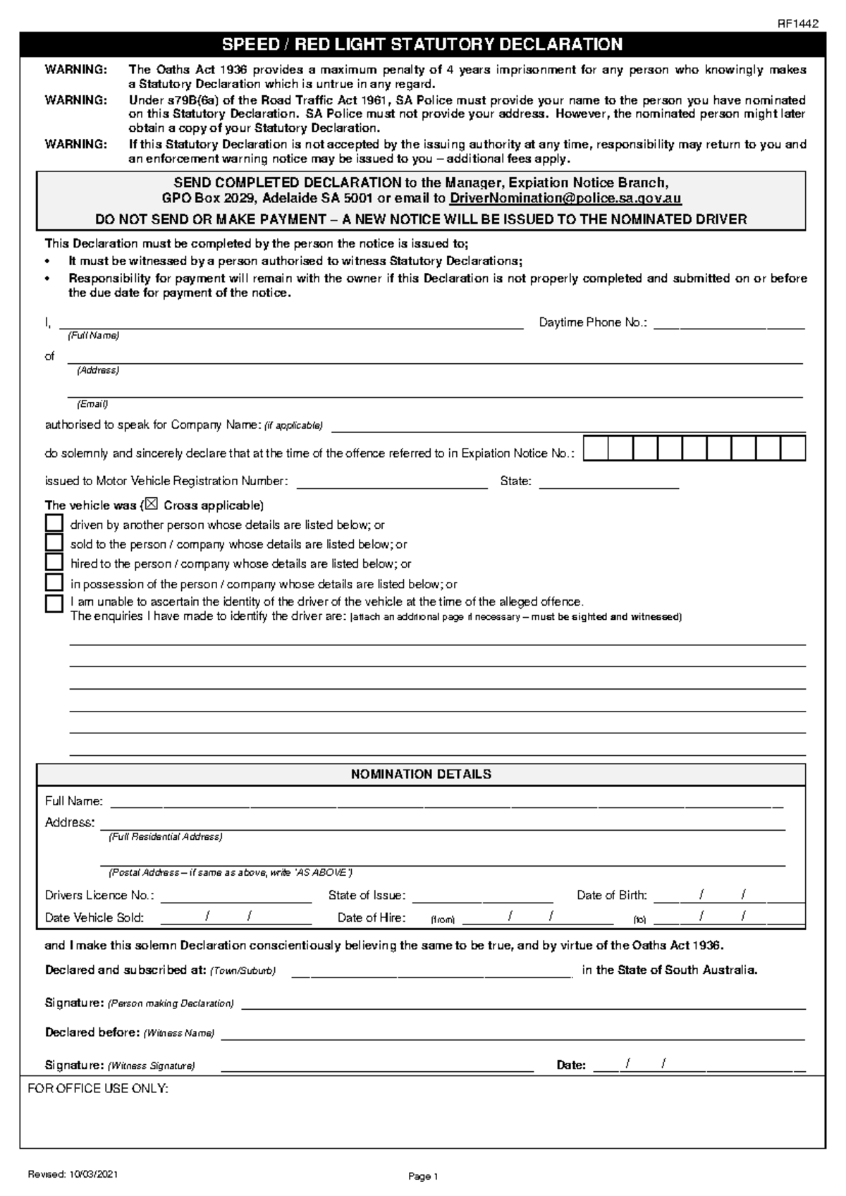 RF1442 Speed/Red Light Statutory Declaration Form Instructions - Studocu