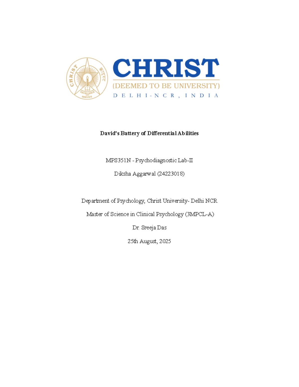 DBDA Report: Assessment of Differential Abilities in MPS351N - Studocu