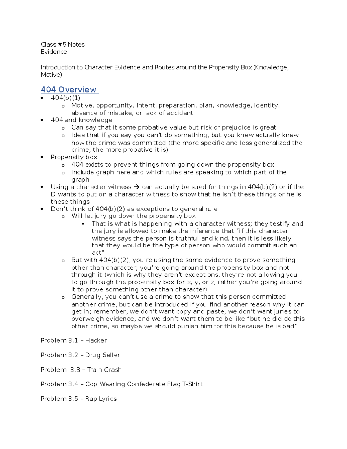 Evidence 404 Overview & Character Evidence Class #5 Notes - Studocu