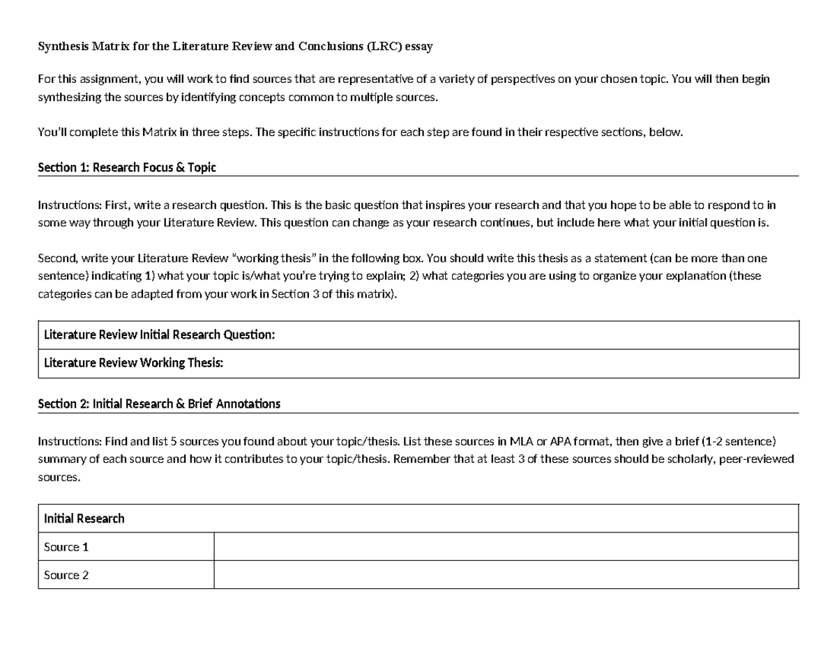 Synthesis Matrix for Literature Review & Conclusions (LRC) 1010 - Studocu