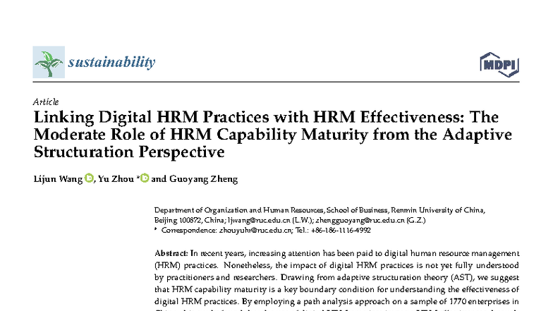 Sustainability 2022: Linking Digital HRM Practices to HRM Effectiveness ...