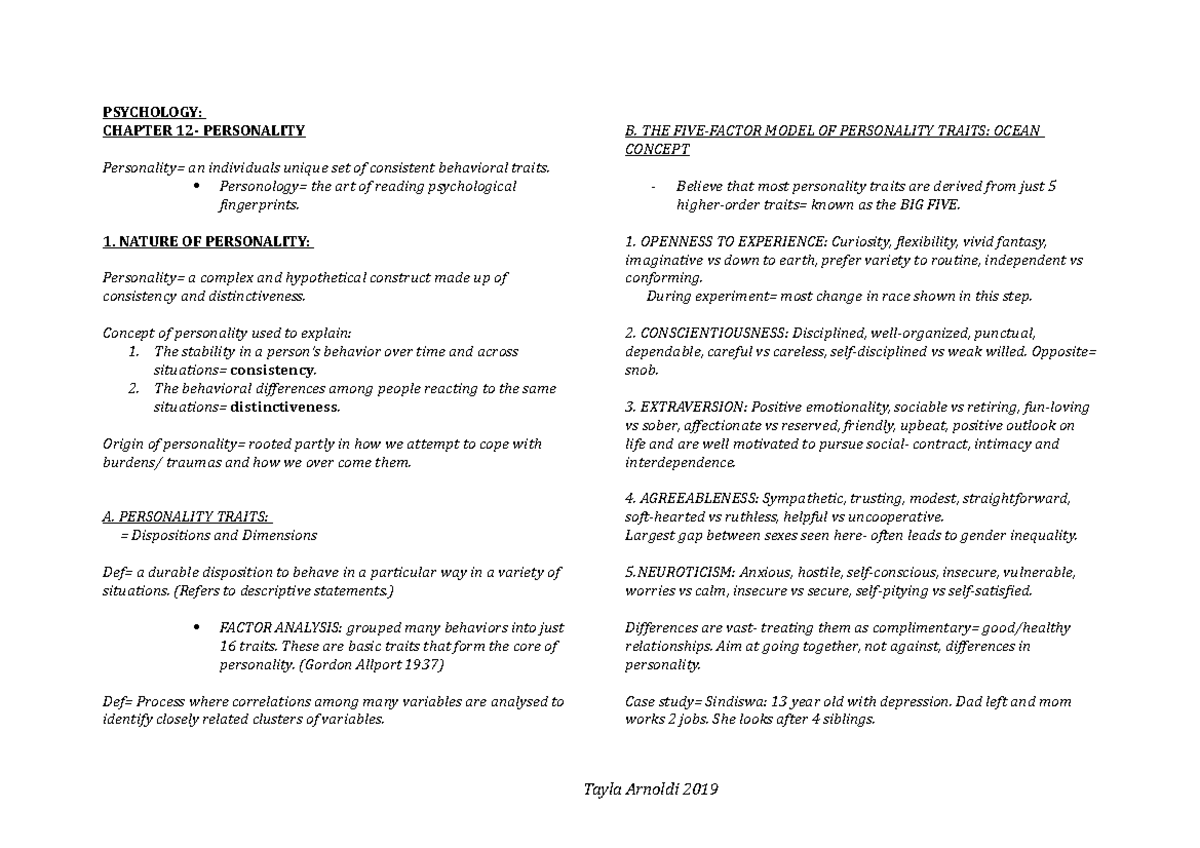 Psychology CH 12 SN - Comprehensive Overview of Personality Theories ...