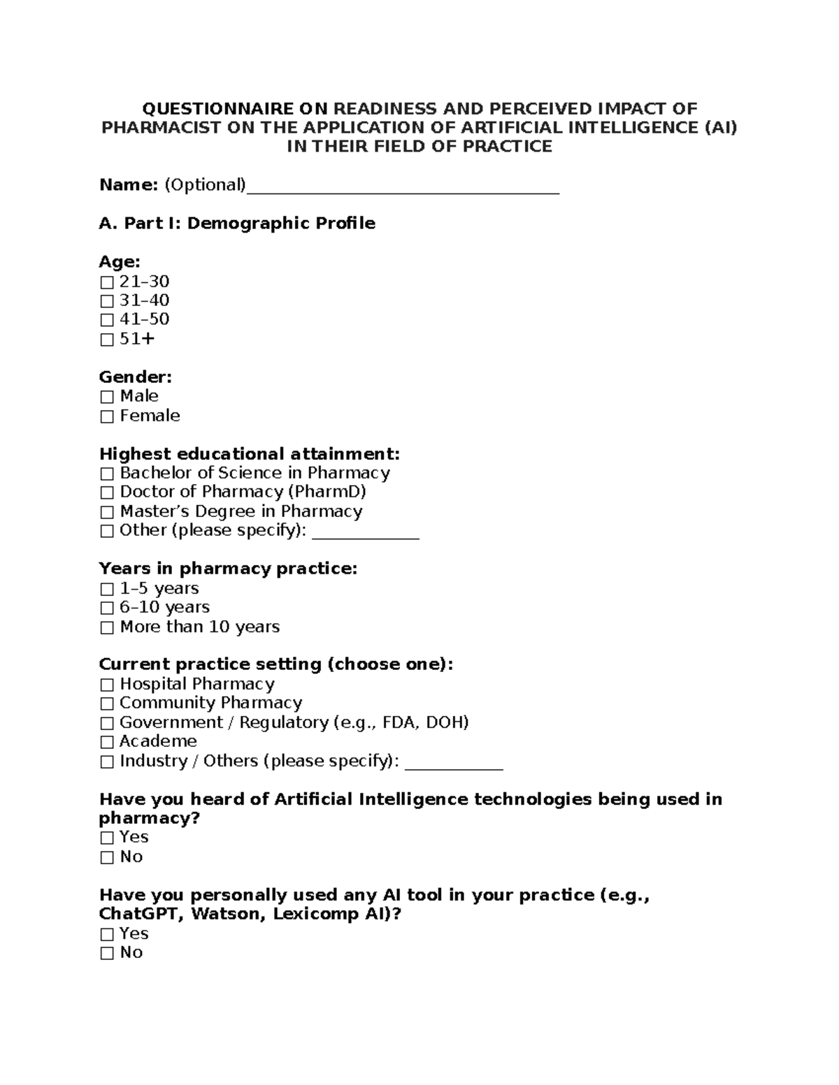 Revised Questionnaire on AI Readiness & Impact in Pharmacy Practice ...