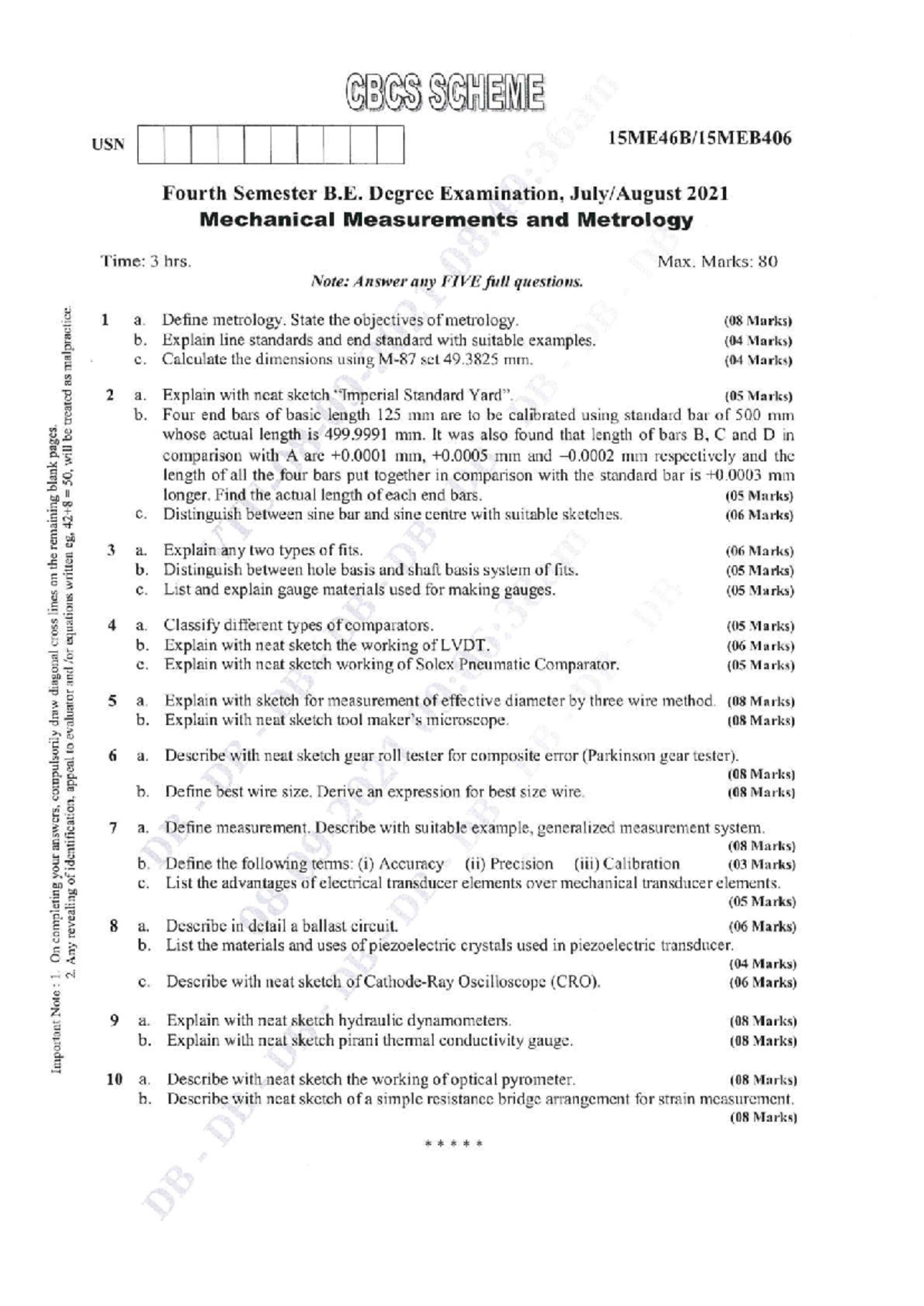 4th Sem B.E. Mechanical Measurements & Metrology Exam Notes 15ME46B ...