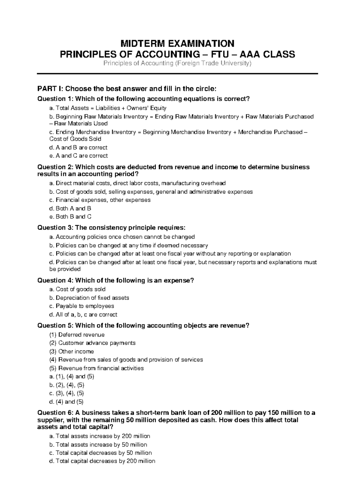 MIDTERM EXAMINATION PRINCIPLES OF ACCOUNTING FTU - Studocu